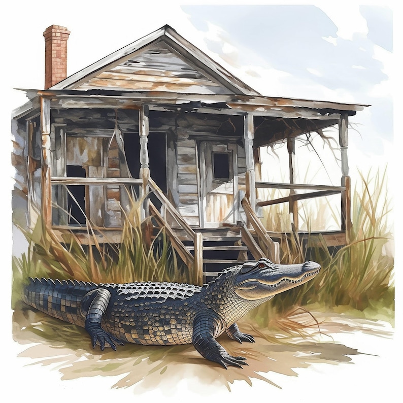 10 Old Shack on Bayou Clipart Bundle, Swamp Landscape Illustration ...