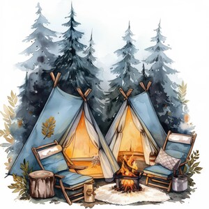 10 Camping Tents Clipart Bundle, Printable Watercolor Cozy Outdoor Tent ...