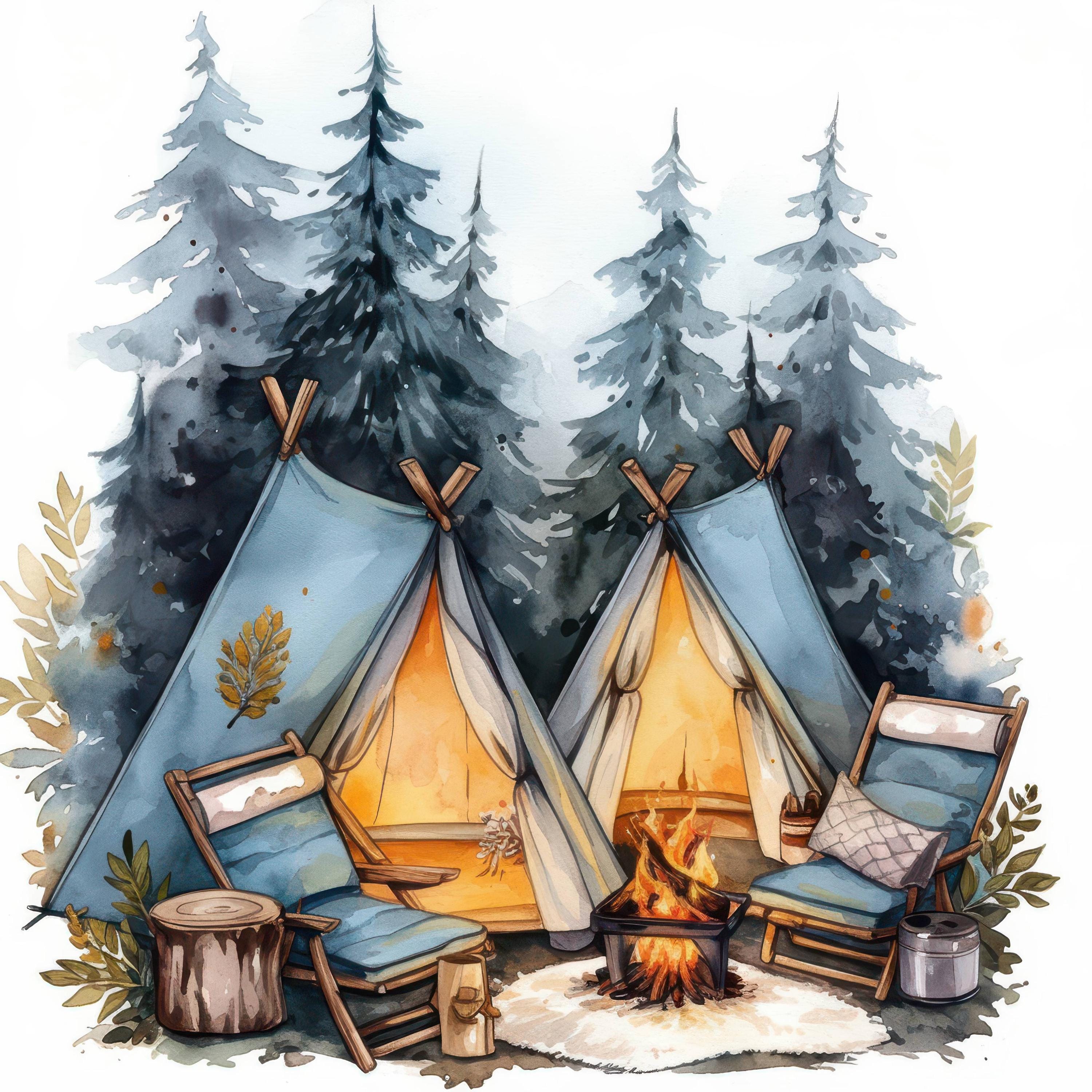 10 Camping Tents Clipart Bundle, Printable Watercolor Cozy Outdoor Tent ...