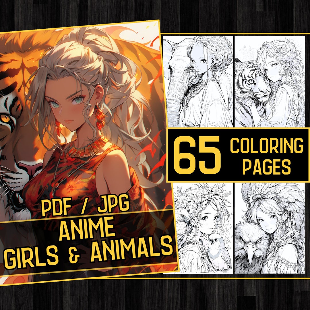 Anime Girls and Animals Adult Coloring Book 65 Beatiful Coloring Pages ...