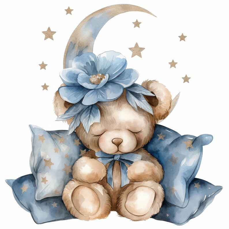 10 Sleepy Teddy Bear Clipart Bundle , Printable Watercolor Teddy Bear ...