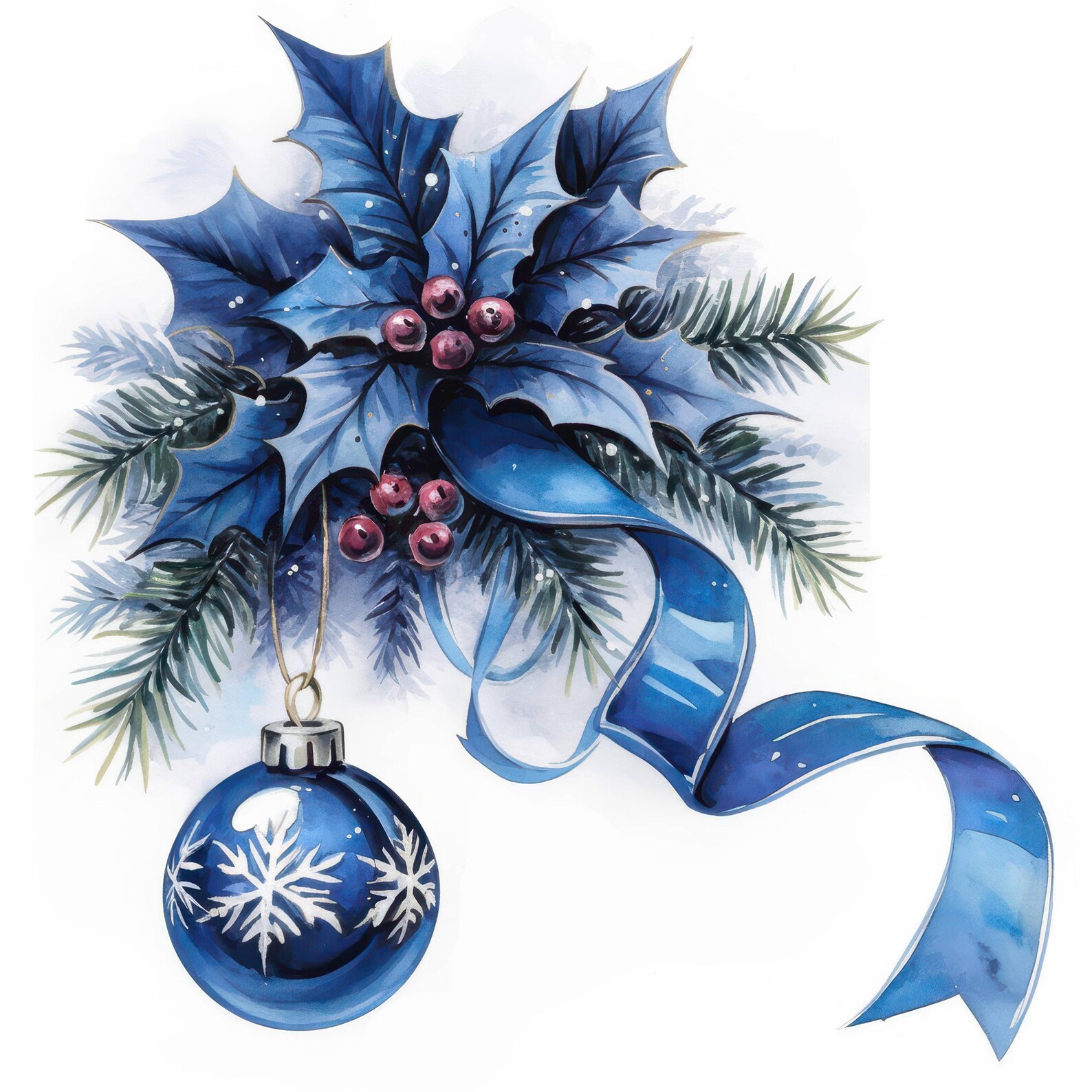 13 Blue Christmas Decorations Clipart Bundle, Printable Watercolor ...
