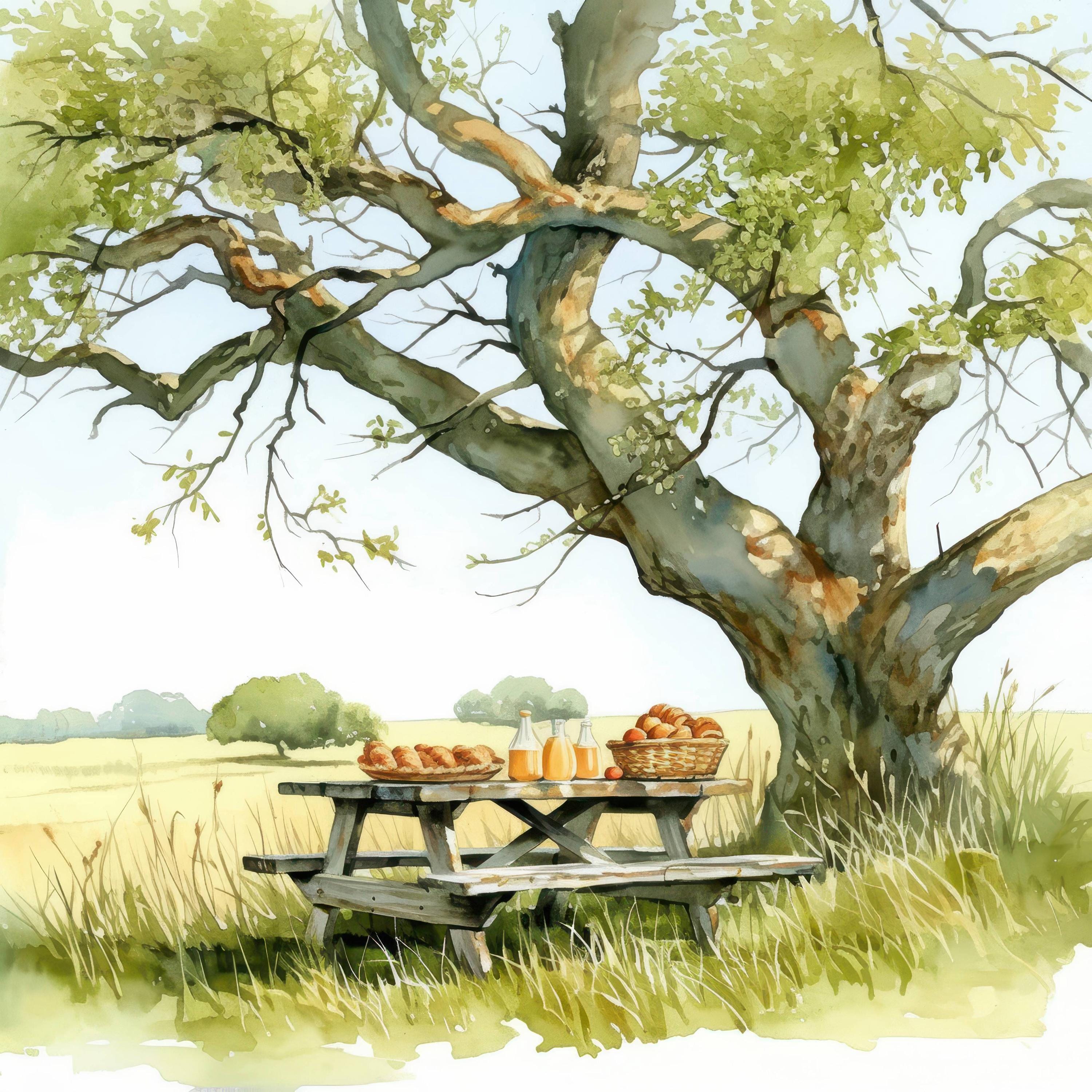 14 Doing Picnic Under a Tree Clipart Bundle, Watercolor Summer ...