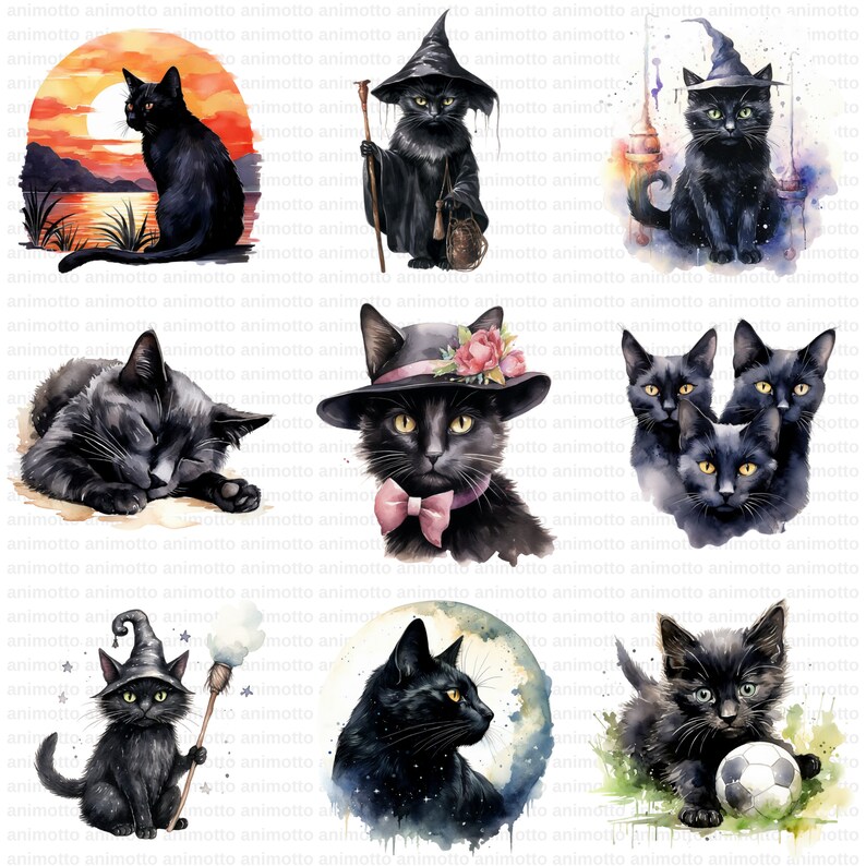 Watercolor Black Cats Clipart | Halloween Cats, Autumn Cat, Black Cat ...