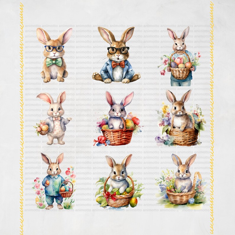 Watercolor Easter Bunnies Clipart Bundle, Spring Floral Animal PNG Set ...