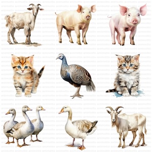 Watercolor Farm Animals Clipart | Horse, Donkey, Pig, Cow, Rabbit, Duck ...