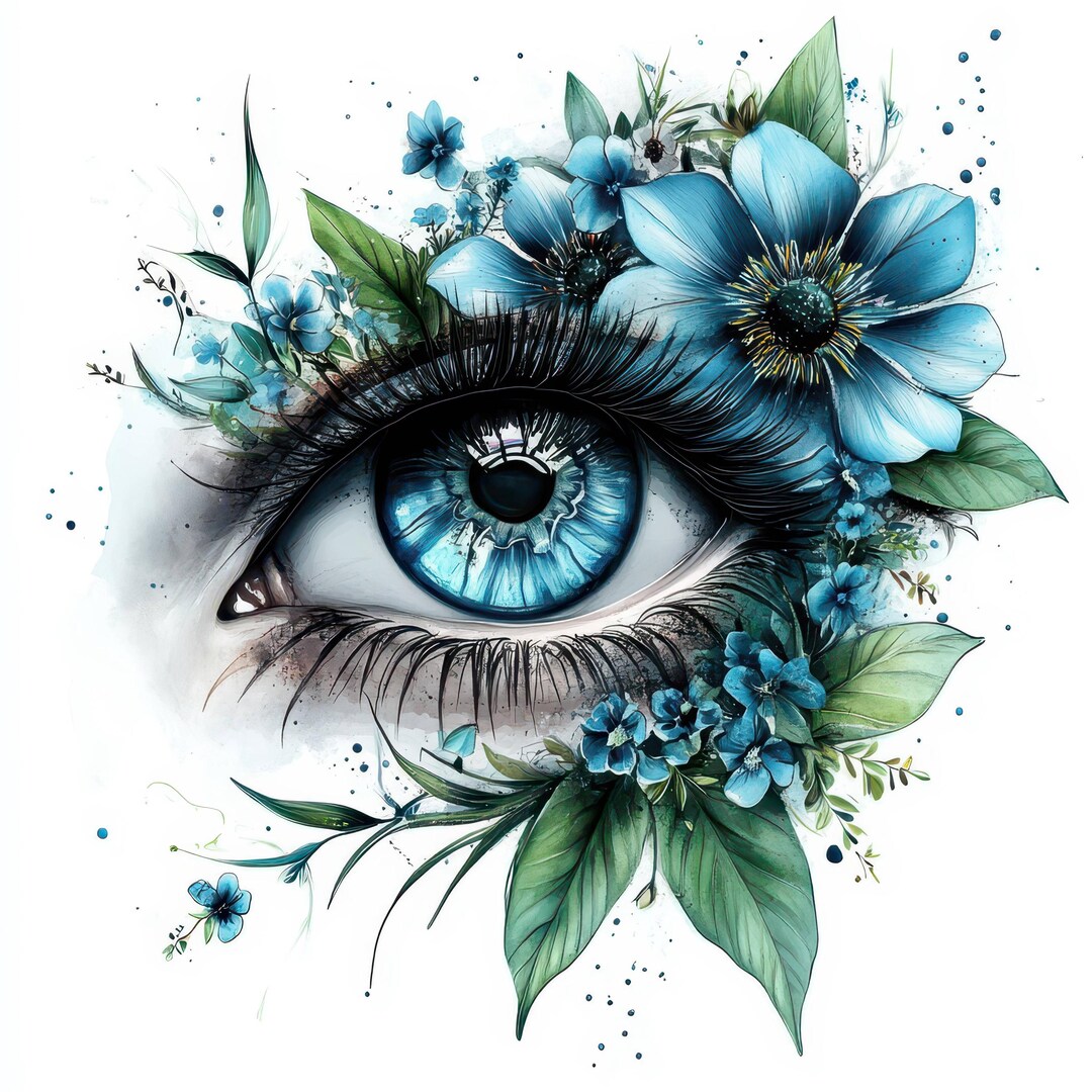 12 Blue Green Floral Woman Eyes Clipart Bundle, Printable Watercolor ...