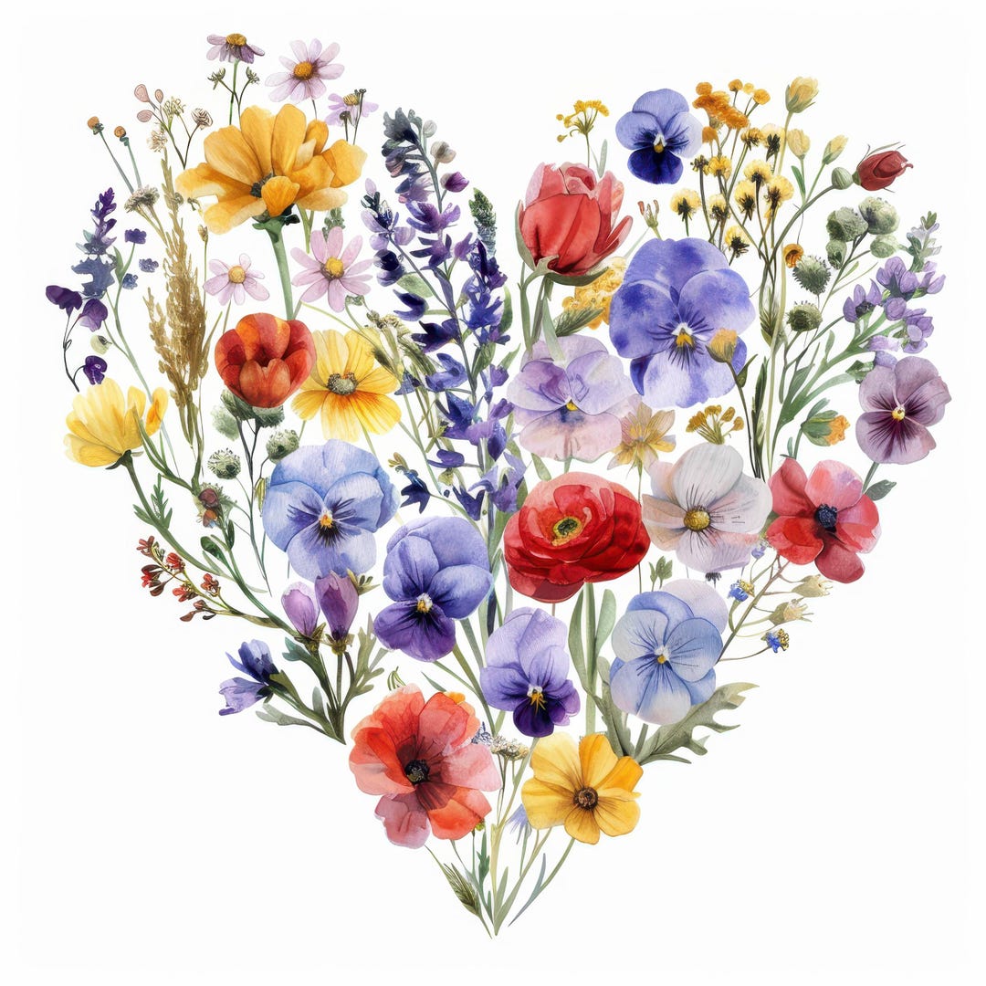 13 Floral Heart Clipart Bundle, Wildflower Heart Illustrations, Digital ...