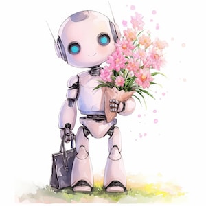 13 Cute Robots With Flowers Clipart Bundle, Printable Watercolor ...