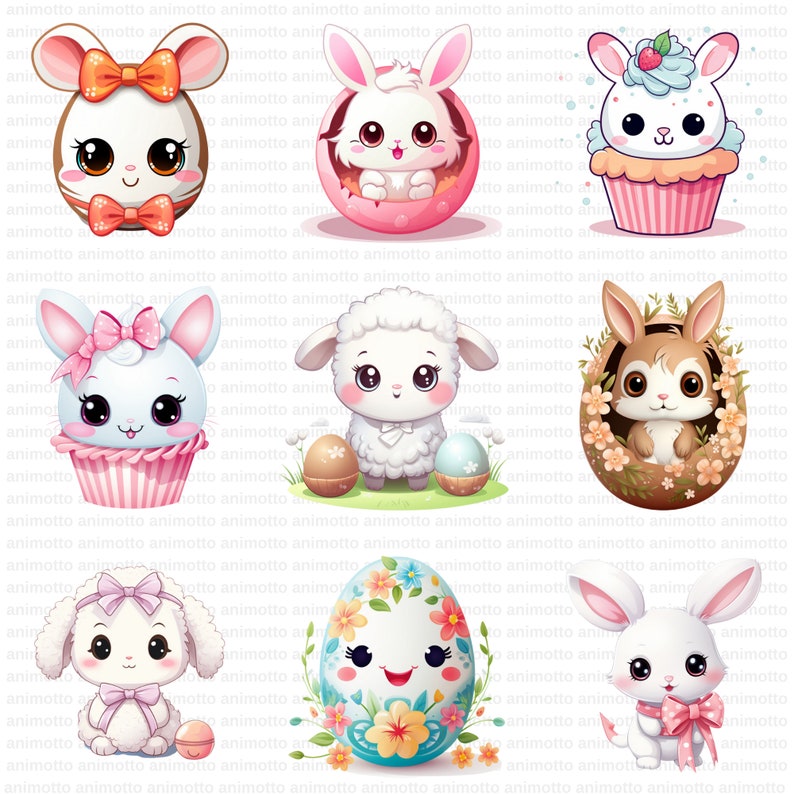 Watercolor Kawaii Easter Clipart Bundle, Cute Colorful Bunny Clipart ...