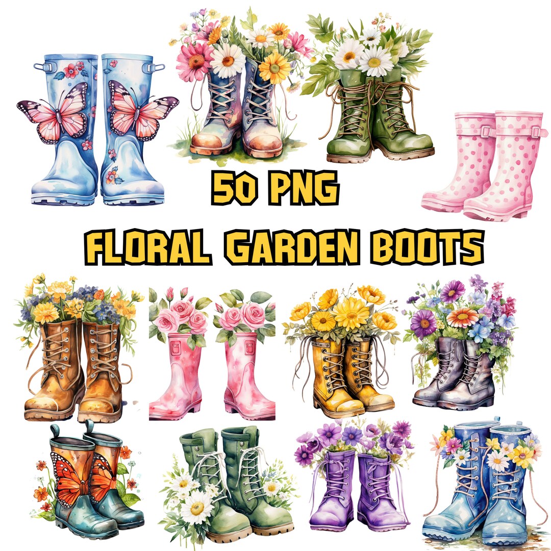 Watercolor Floral Garden Boots Clipart Bundle, Spring Floral Clipart ...