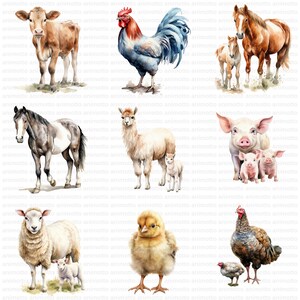 Watercolor Farm Animals Clipart | Horse, Donkey, Pig, Cow, Rabbit, Duck ...