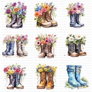 Watercolor Floral Garden Boots Clipart Bundle, Spring Floral Clipart ...