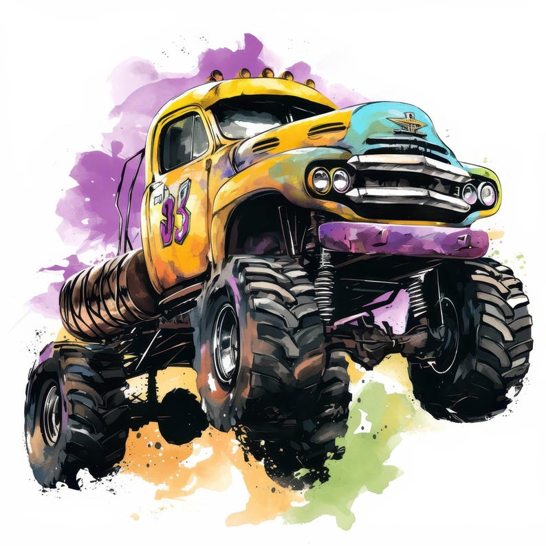15 Monster Truck Clipart Bundle, Printable Watercolor Big Trucks ...