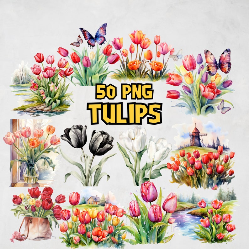 Watercolor Tulips Clipart Bundle, Spring Flower Clipart Set, Floral ...