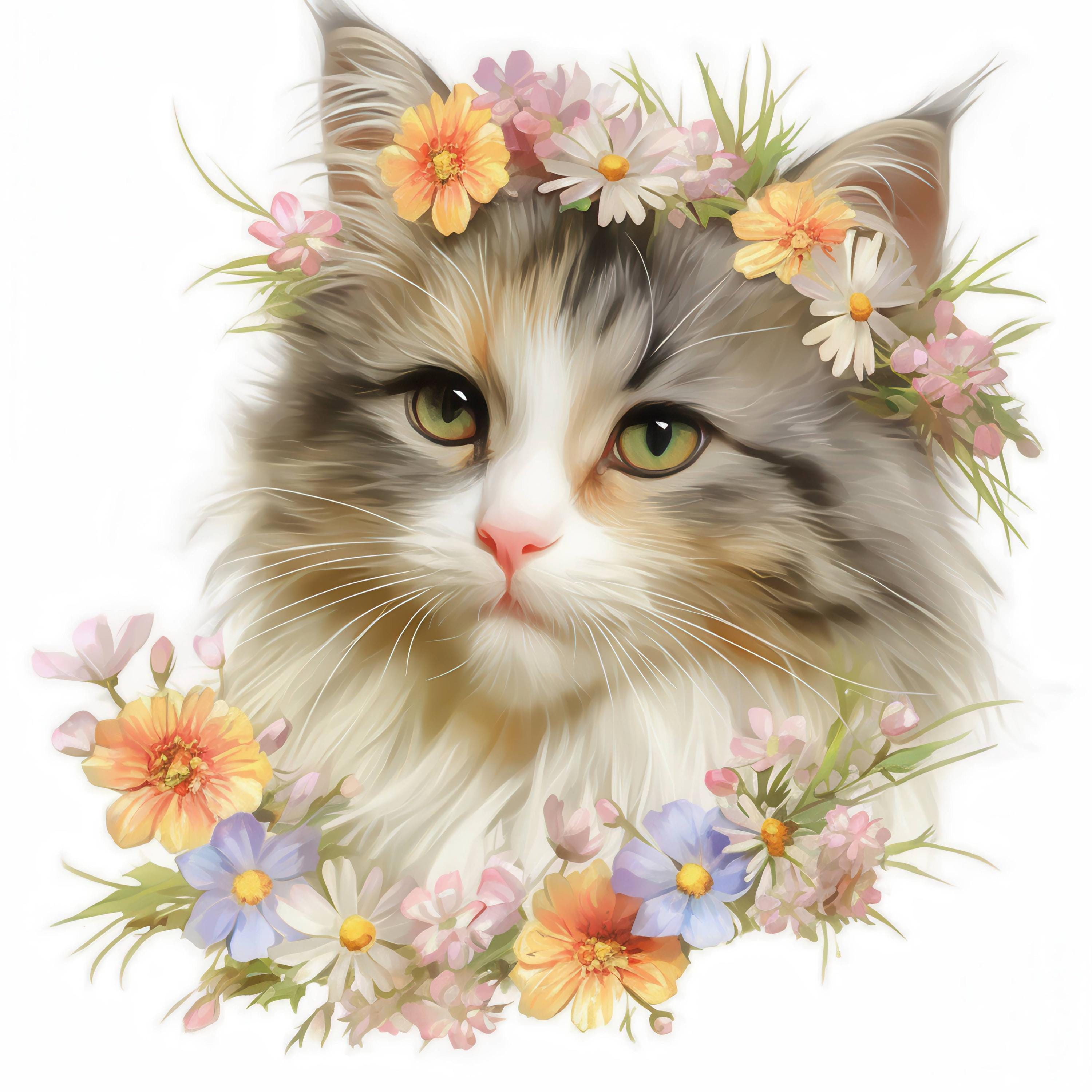 13 Flower Cat Portrait Clipart Bundle, Floral Cat Illustrations ...