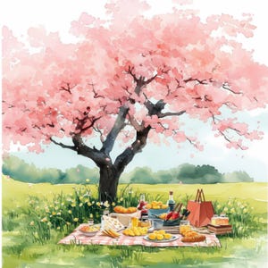 14 Doing Picnic Under a Tree Clipart Bundle, Watercolor Summer ...