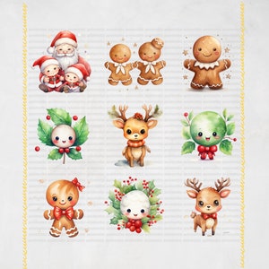 Watercolor Kawaii Christmas Clipart Bundle, Cute Christmas PNG Graphics ...