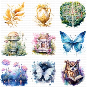 Watercolor Magical Gardens Clipart Bundle, Fantasy Fairy Garden Clipart ...