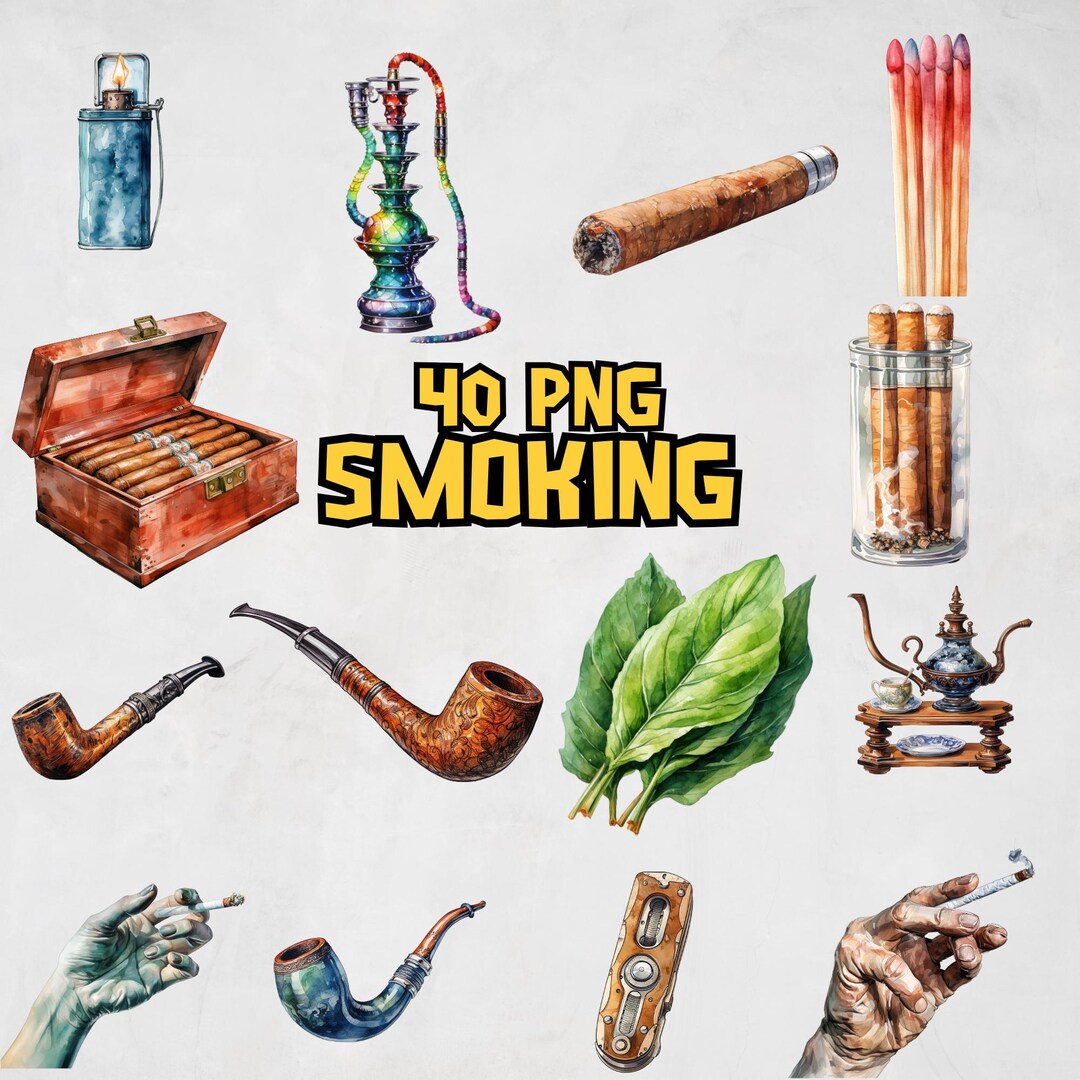Watercolor Smoking Clipart Bundle, Cigarette, Tobacco Clipart, Lighter ...