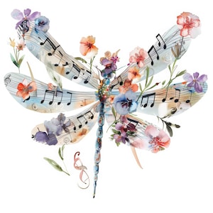 13 Dragonfly Music Notes Clipart Image Bundle, Printable Watercolor ...