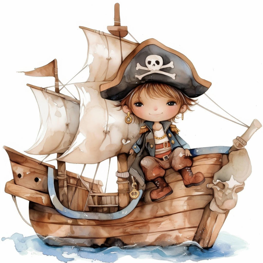 13 Pirate Kids Clipart, Printable Watercolor Cartoon Pirate Party ...
