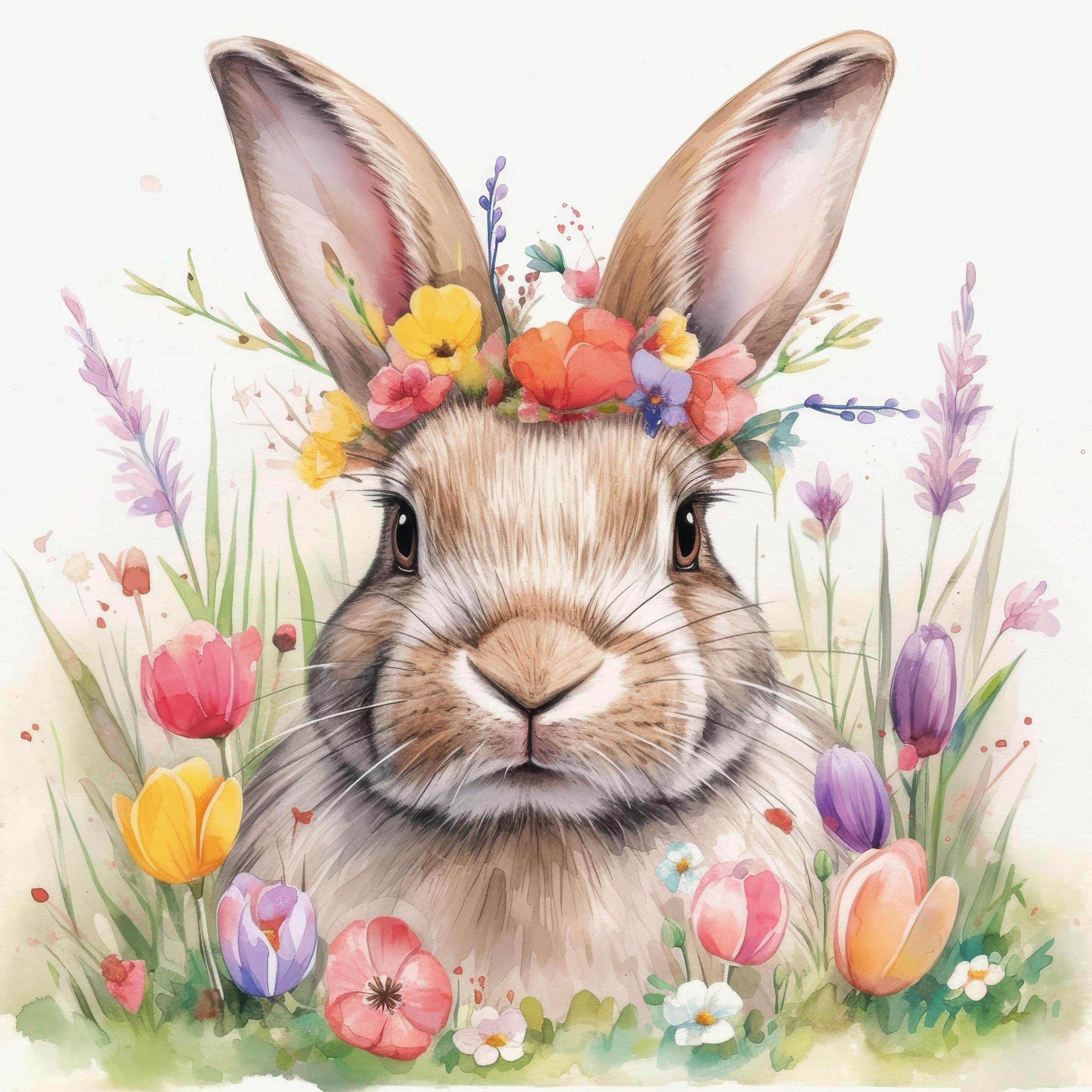 18 Floral Bunny Clipart Bundle, Easter Bunny Illustrations, Printable ...