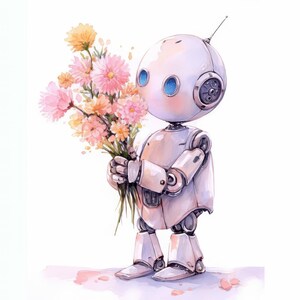 13 Cute Robots With Flowers Clipart Bundle, Printable Watercolor ...