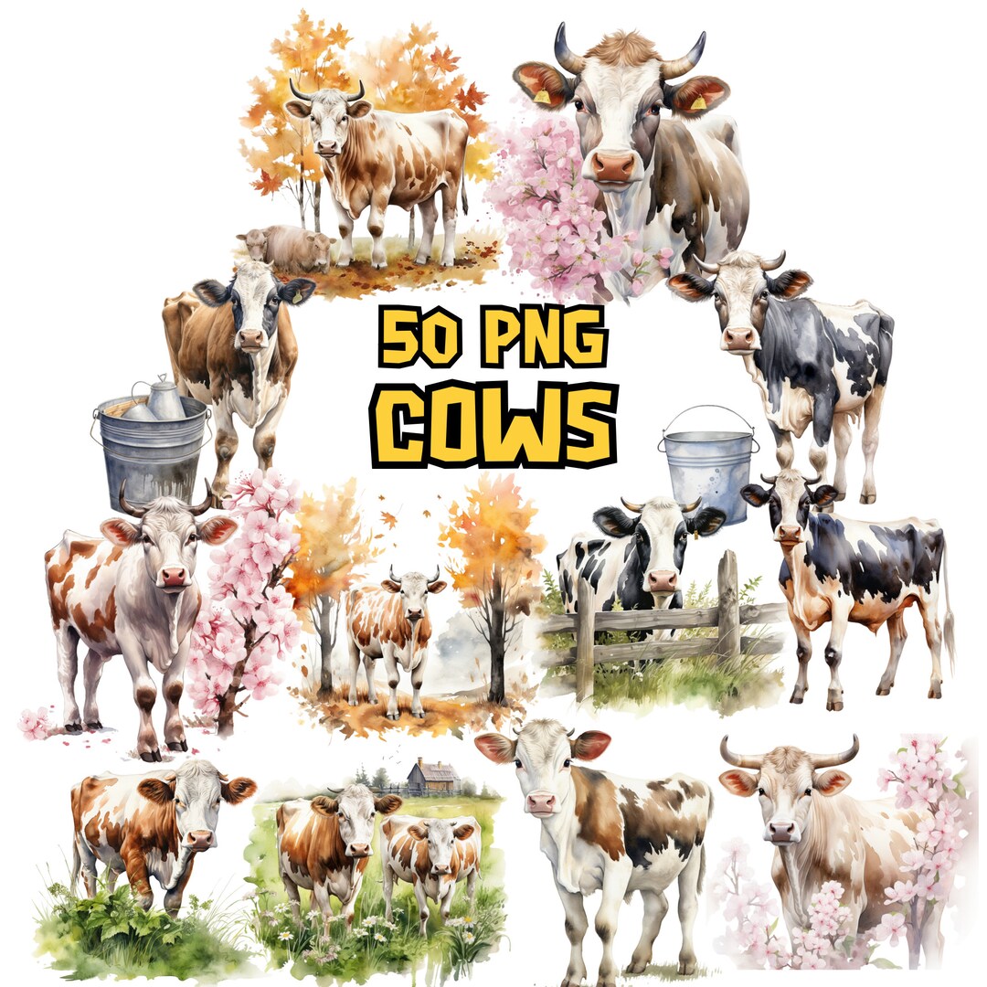 Watercolor Cows Images Clipart Bundle, Barn, Farm Animal, Milk Pail ...