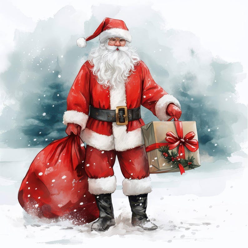 14 Santa With Presents Clipart Bundle, Printable Watercolor Christmas ...
