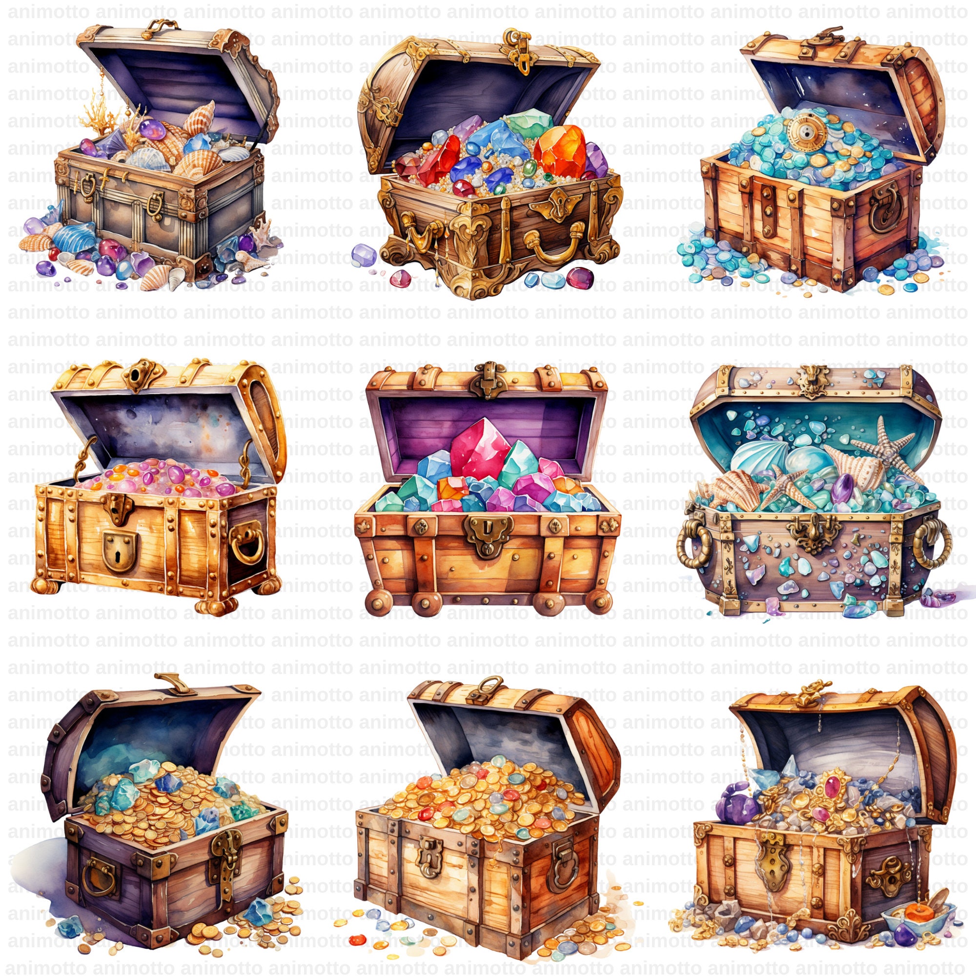 Watercolor Treasure Chests Clipart Bundle, Pirate Treasure PNG Set ...