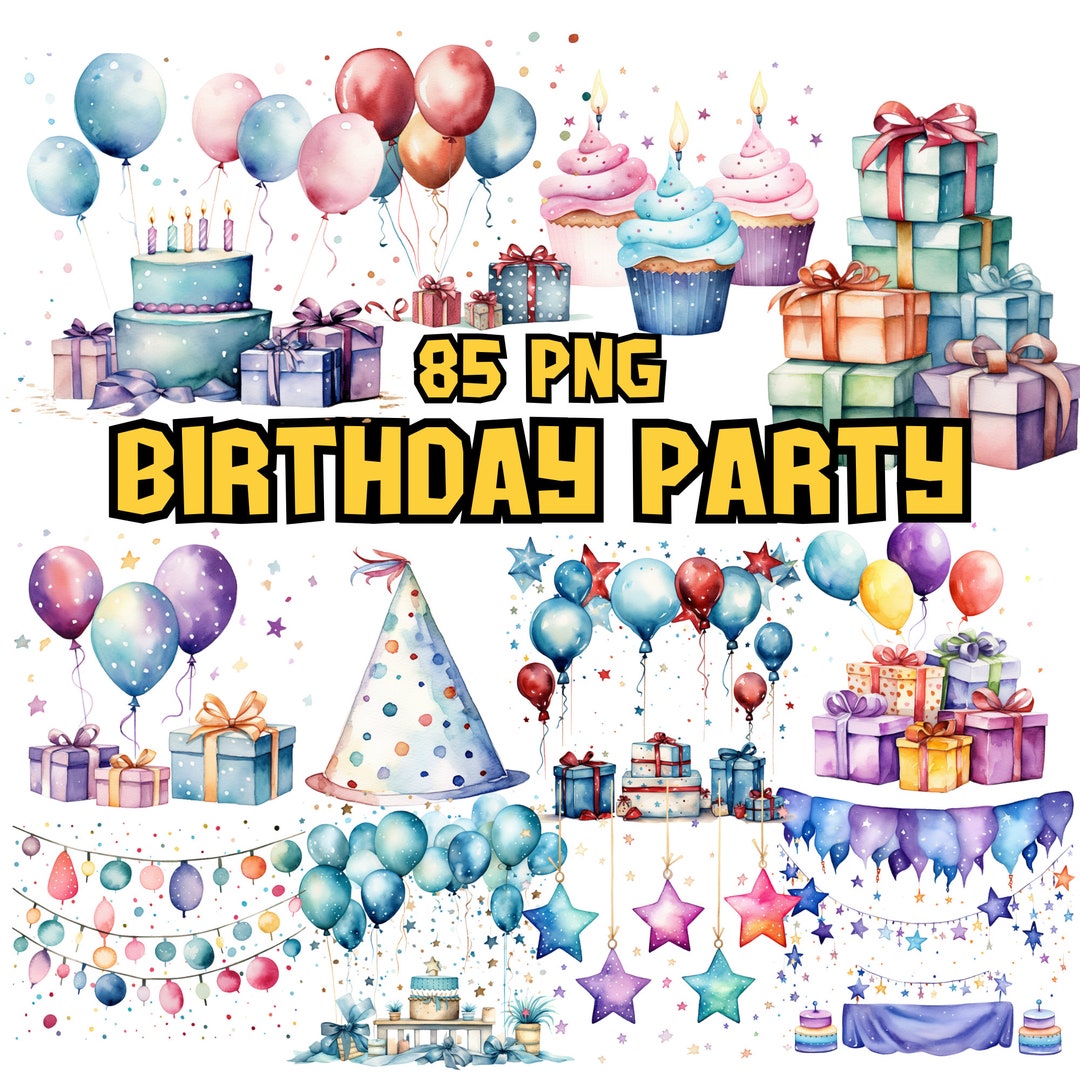 Watercolor Birthday Clipart Bundle, Birthday Party Clip Art Set ...