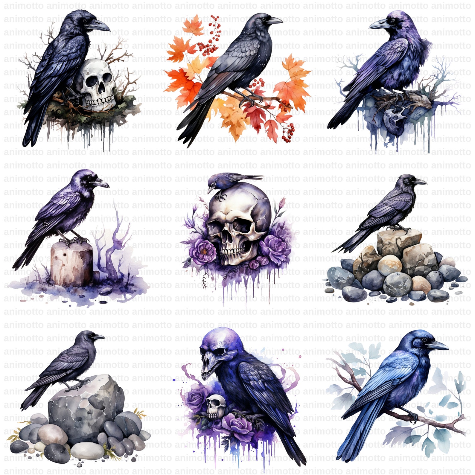 Watercolor Ravens Clipart Bundle, Black Bird, Gothic Animal, Dark and ...