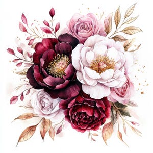 12 Maroon Peonies Clipart Bundle, Maroon Peony Flowers, Watercolor ...