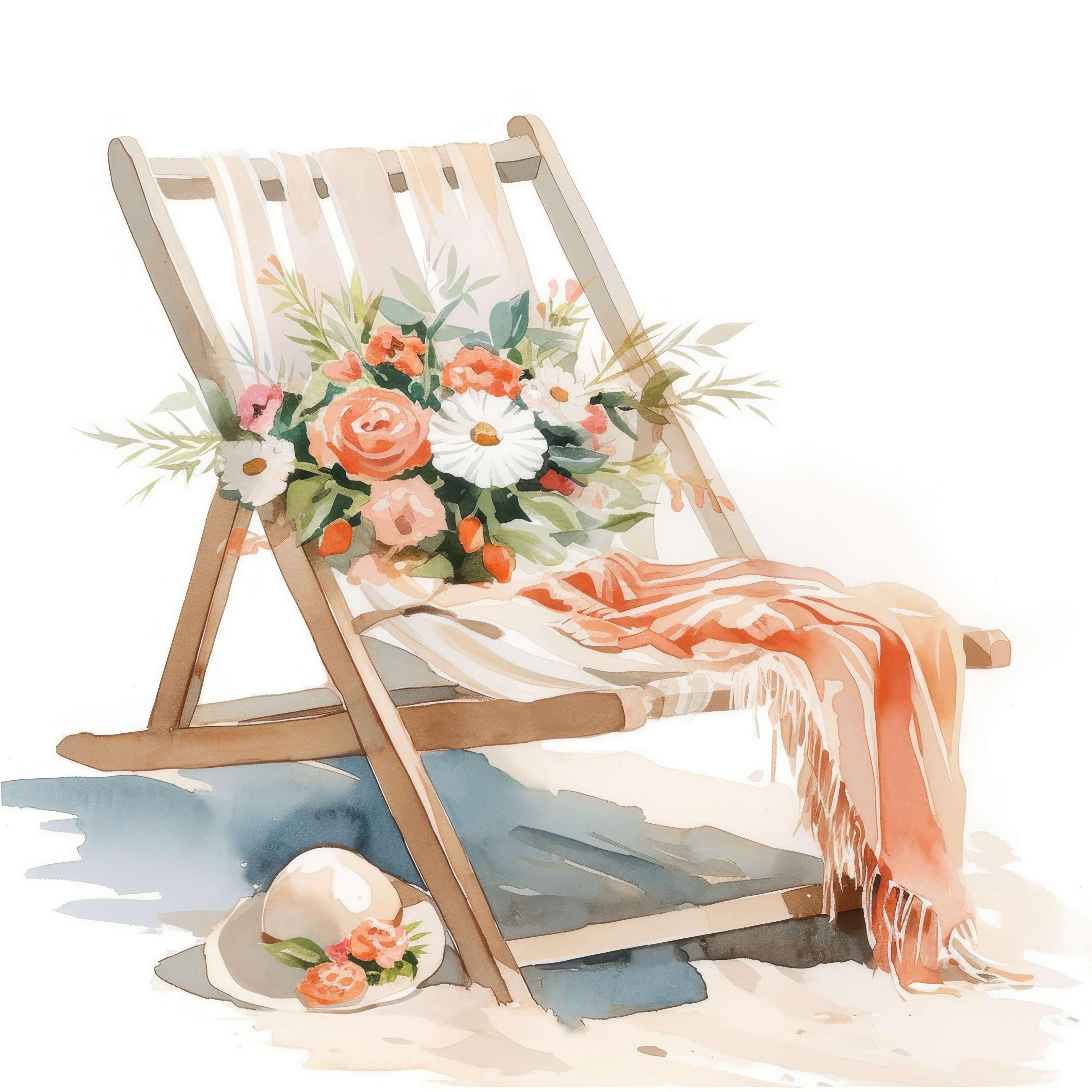 18 Floral Beach Chair Clipart Set, Printable Watercolor Summer Clipart ...