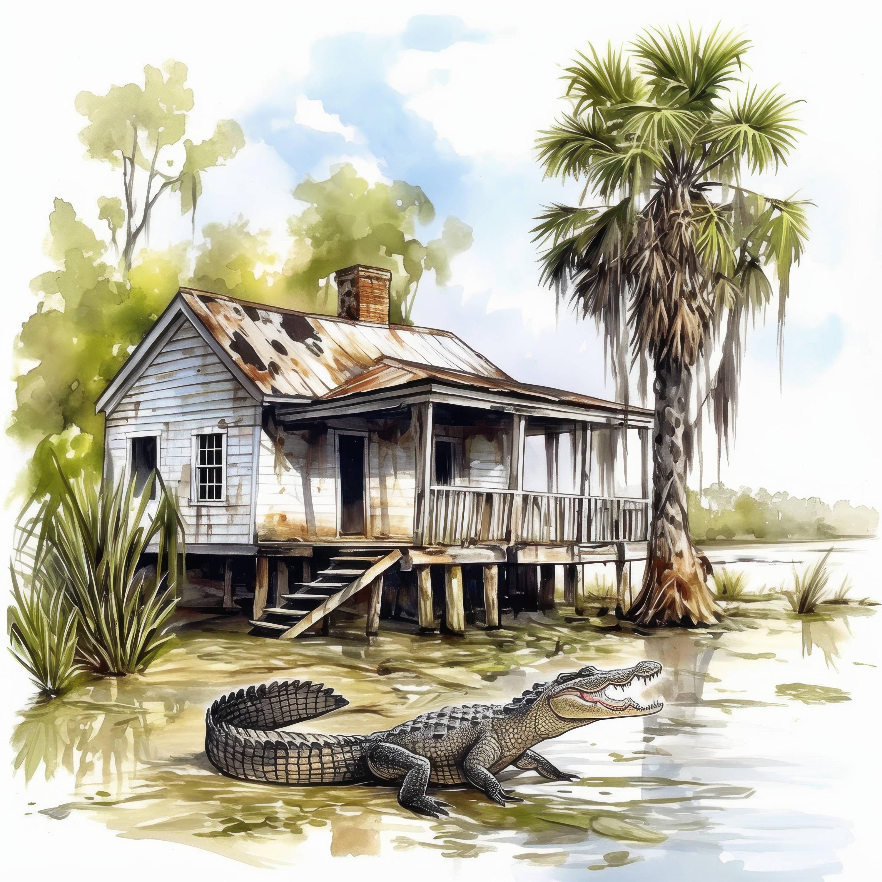 10 Old Shack on Bayou Clipart Bundle, Swamp Landscape Illustration ...
