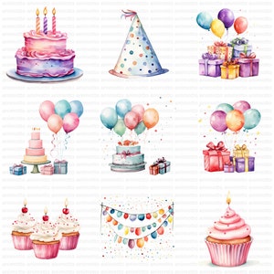 Watercolor Birthday Clipart Bundle, Birthday Party Clip Art Set ...