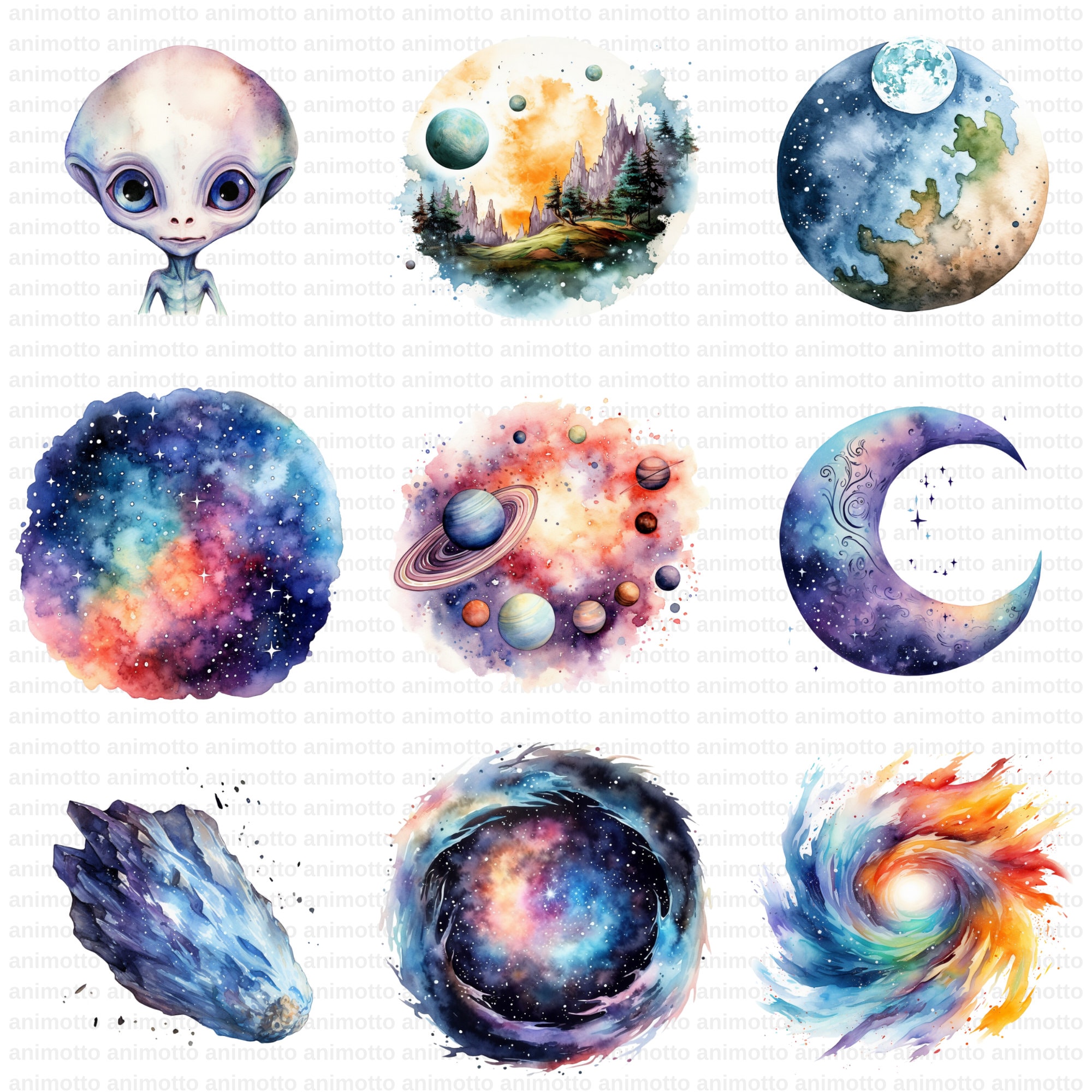 Watercolor Space Clipart | Planet, Spiral Galaxy, Moon, Observatory ...