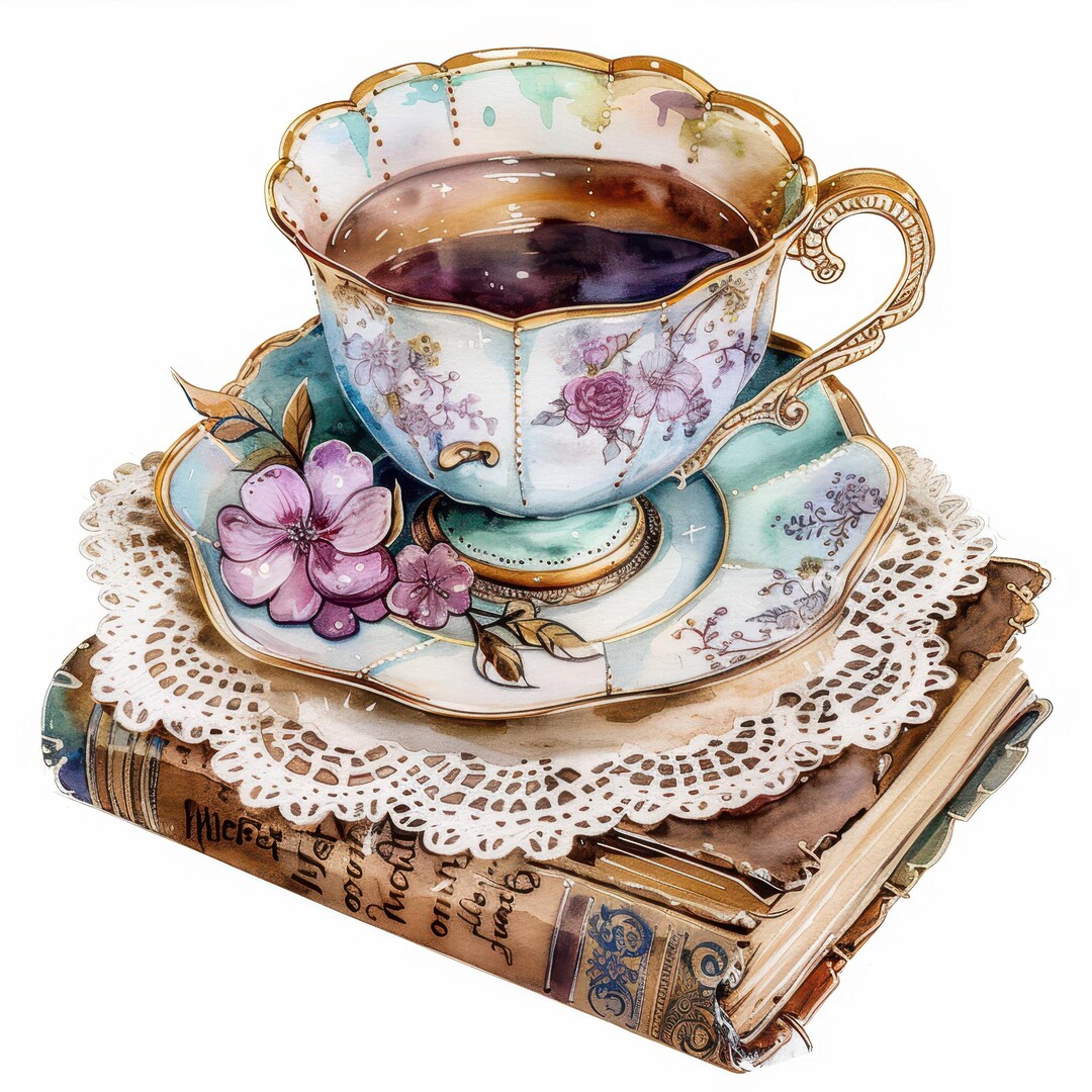 14 Teacup and Stack of Books Clipart Bundle Set, Vintage Books ...