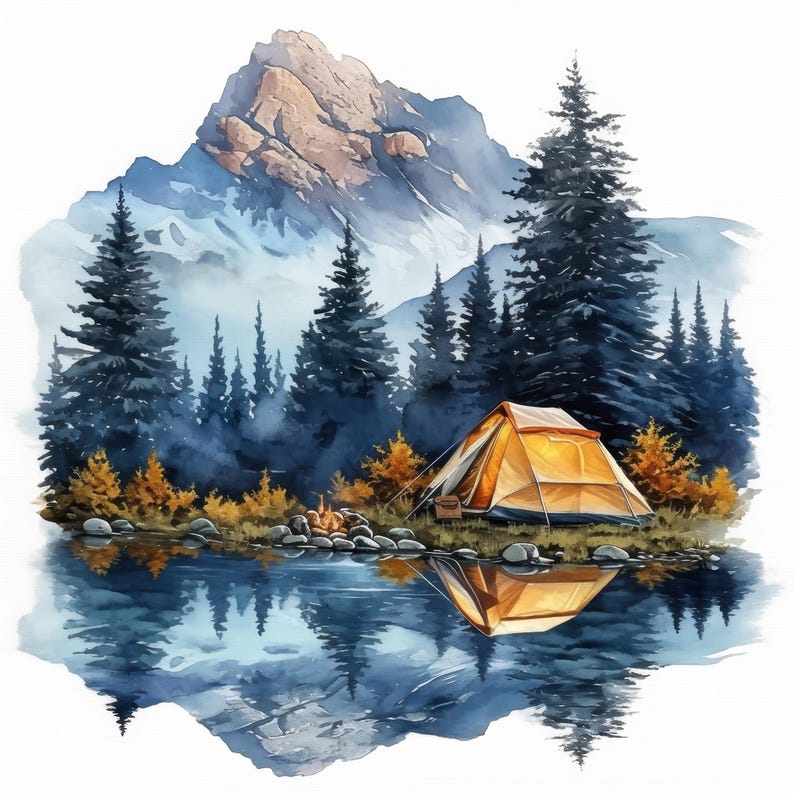 12 Camping Adventure Clipart Bundle, Mountains Campfire Illustrations ...
