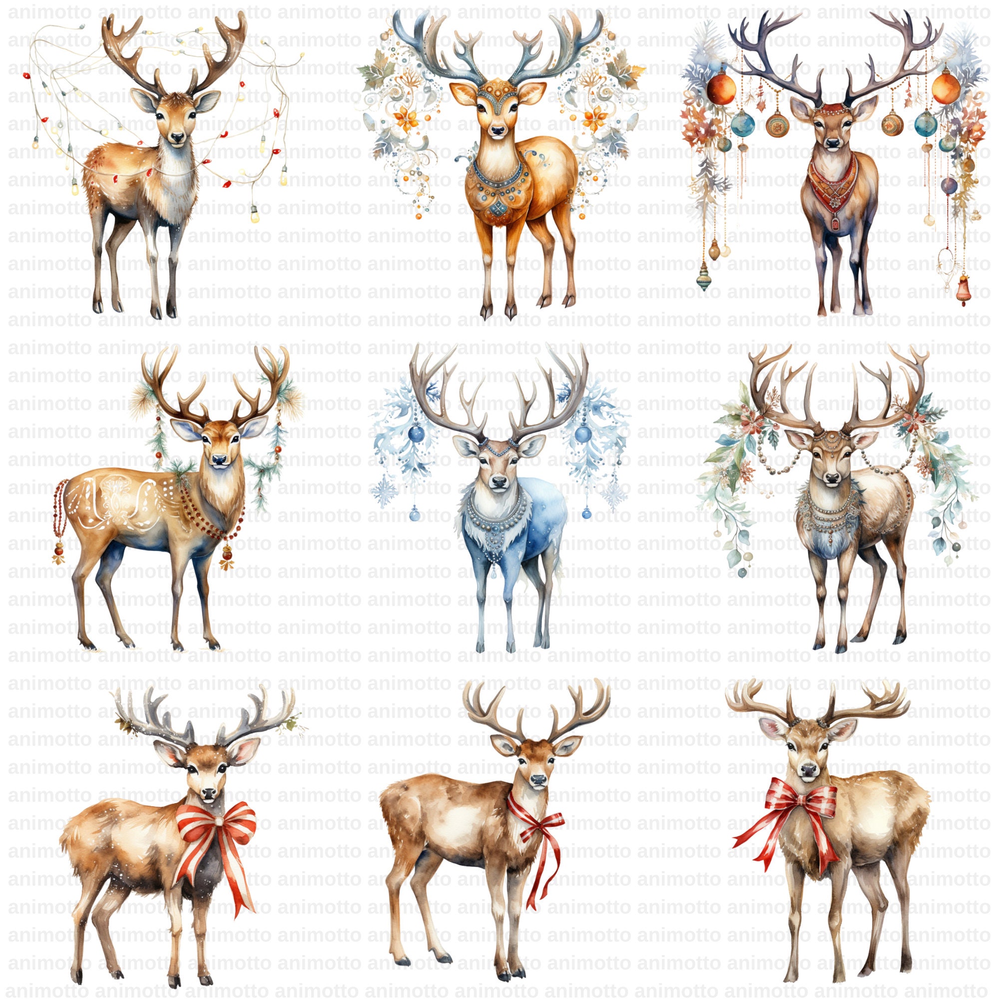 Watercolor Reindeer Clipart Bundle, Painted Reindeer Clipart Set ...