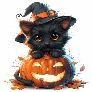 15 Cute Halloween Black Cats Printable Watercolor Clipart , Halloween ...