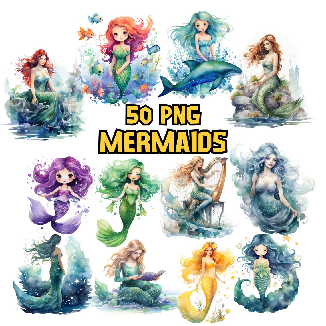 Watercolor Mermaids Clipart Bundle, Underwater Clipart Set, Magical Sea ...