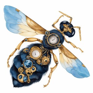 14 Blue Steampunk Bees Clipart Bundle, Printable Watercolor Robotic Bee ...