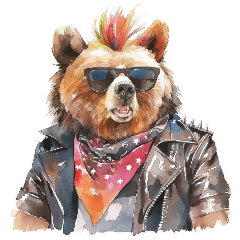 20 Bear Punk Clipart Set, Printable Watercolor Punk Rock Prints ...