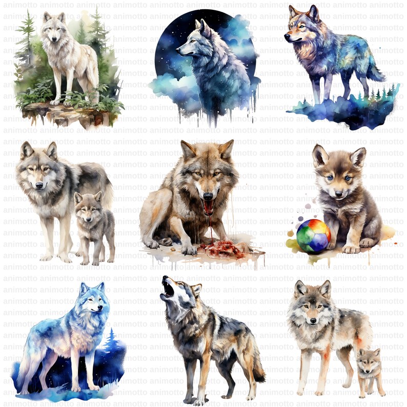 Watercolor Wolves Clipart Bundle, Cute Wolf PNG Graphics, Woodland ...