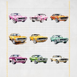 Watercolor Muscle Cars Clipart Bundle, Classic Car Clipart Set, Muscle ...