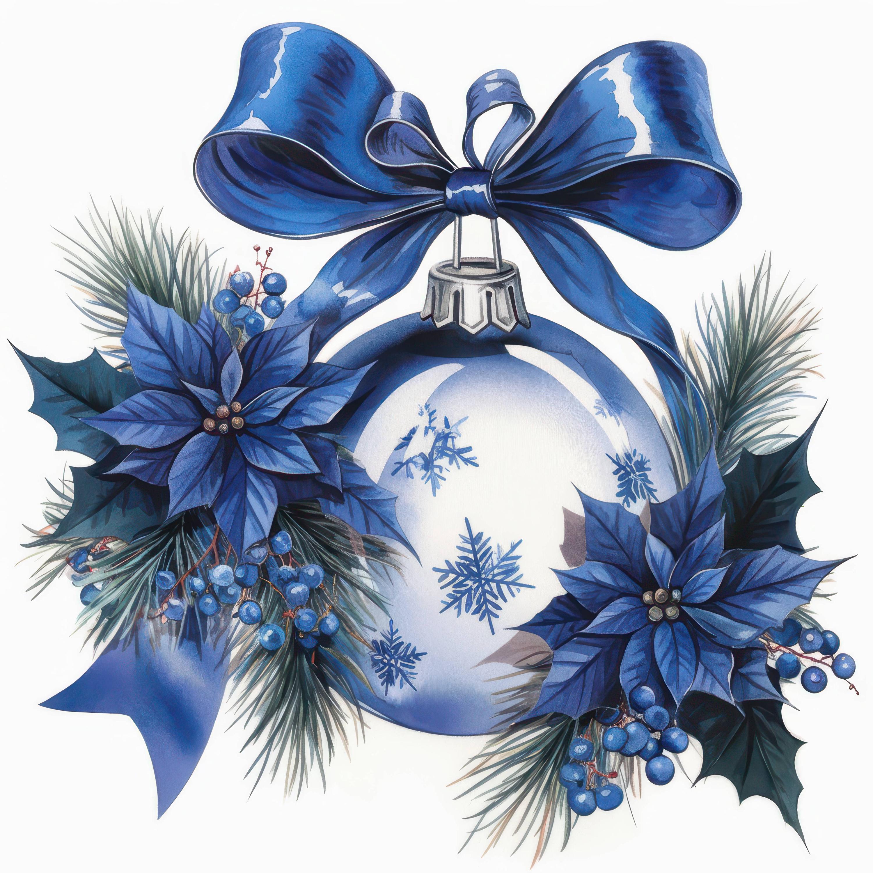 13 Elegant Blue Christmas Clipart Bundle, Printable Watercolor Bauble ...