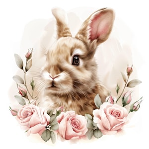 Cute Bunny in Roses Clipart, Cute Rabbit, Animal Clipart, Cute Bunny ...