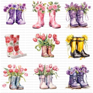 Watercolor Floral Garden Boots Clipart Bundle, Spring Floral Clipart ...